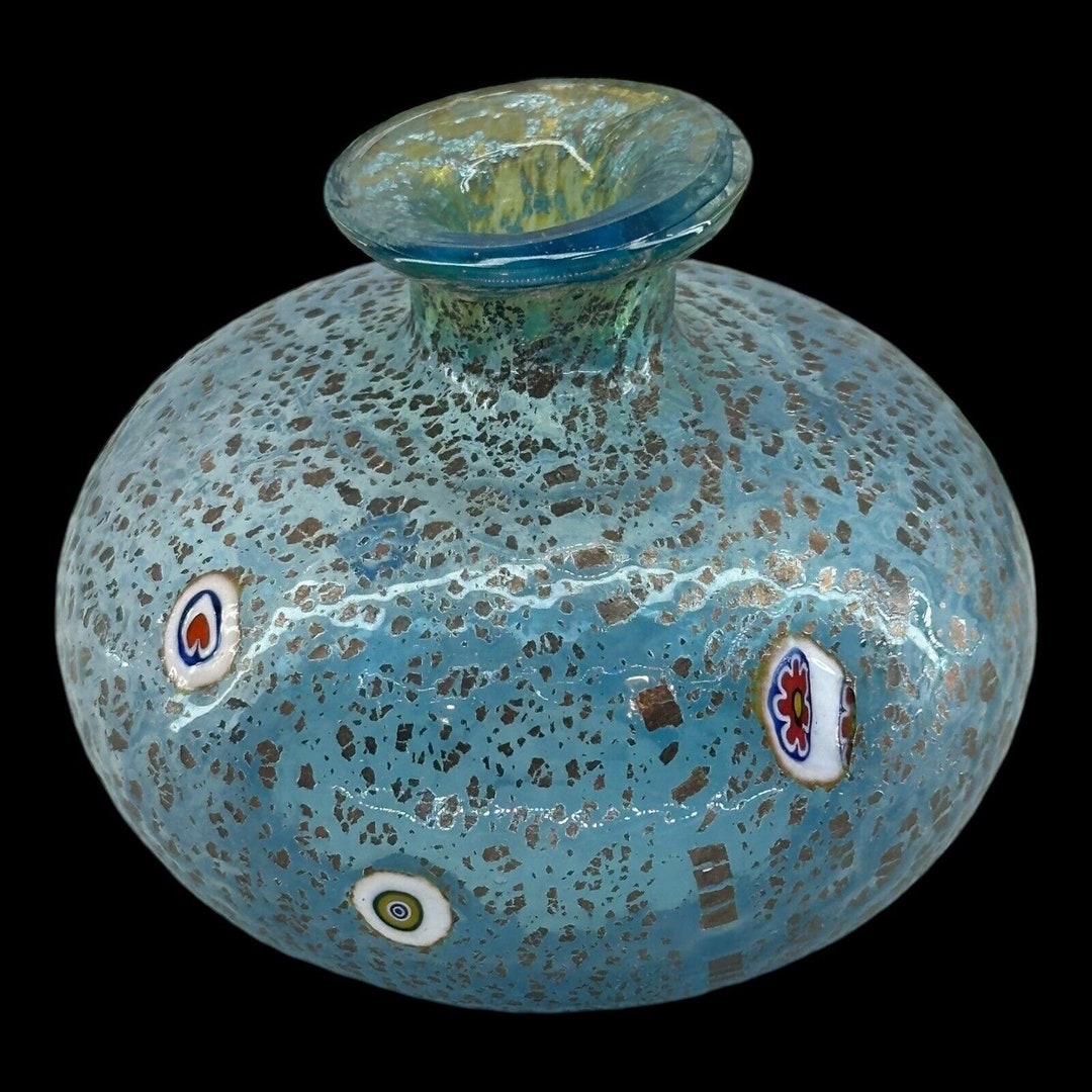 Murano Italy Blue Silver Fleck Flake Millefiori Hand Blown Glass Vase ...