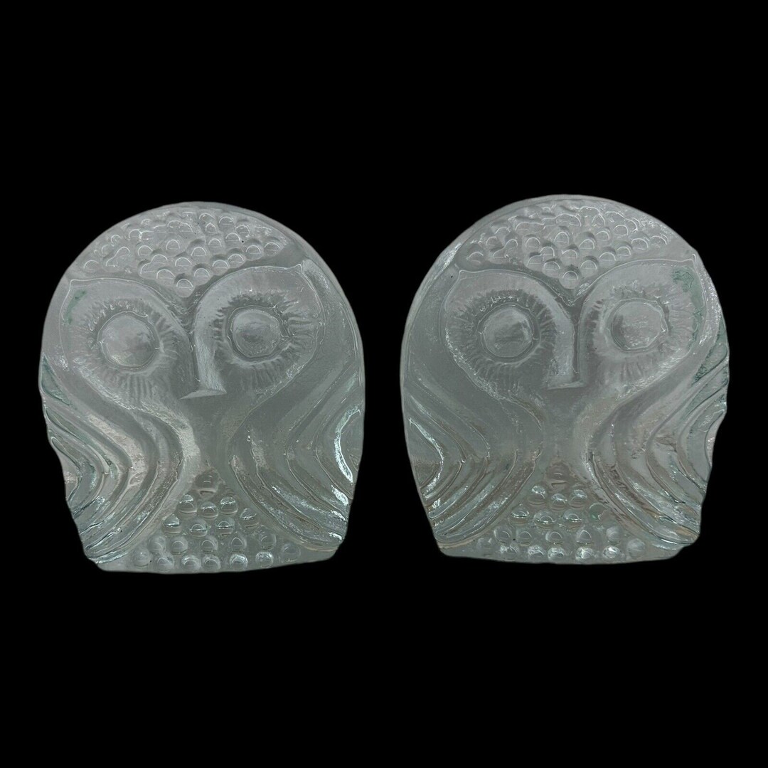 2 Pilgrim Clear Thick Glass Owl Bookends 1960s Woodland Textured MCM ...