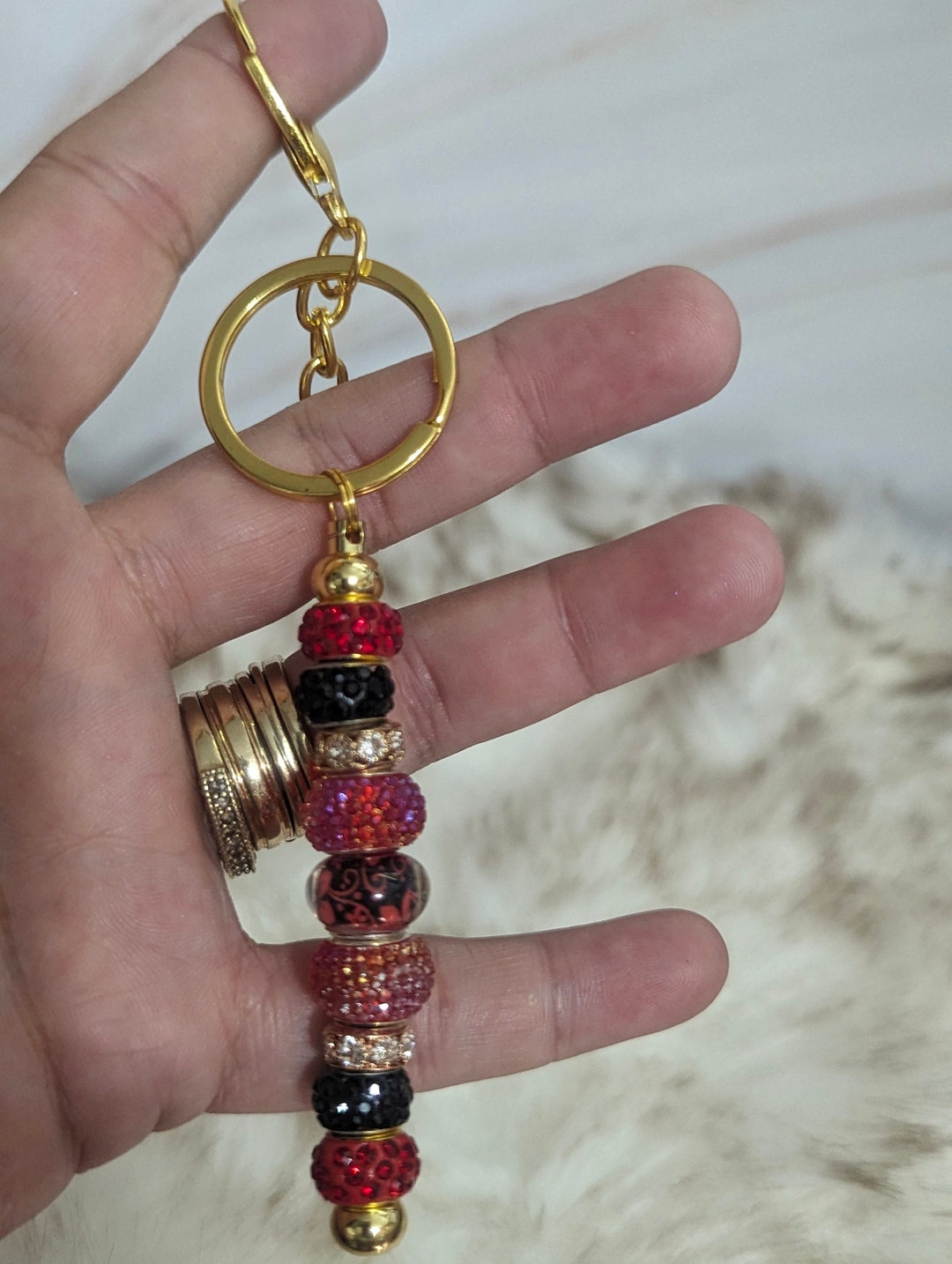 Red and Black Beaded Gold Tone Keychain - Etsy