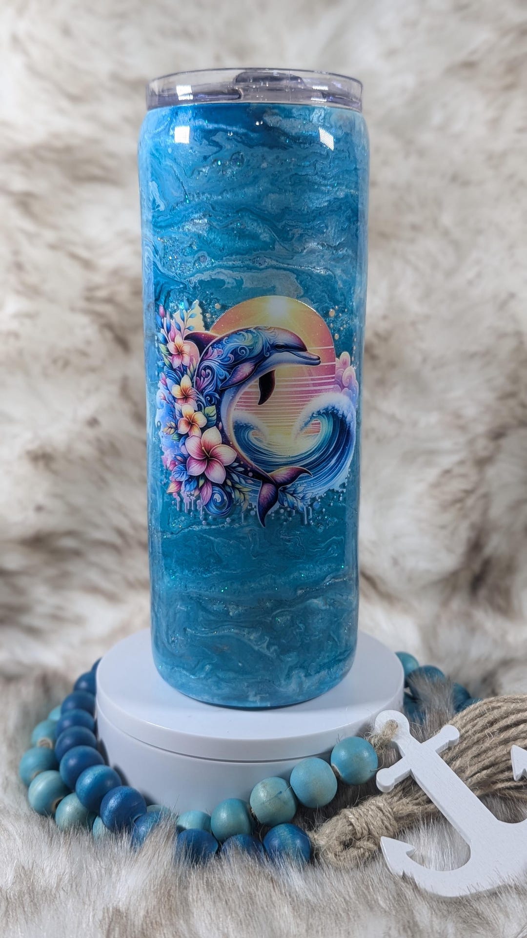 A Boho Dolphin Sunset Decal on a Turquoise & Blue Mica/alcohol Ink ...