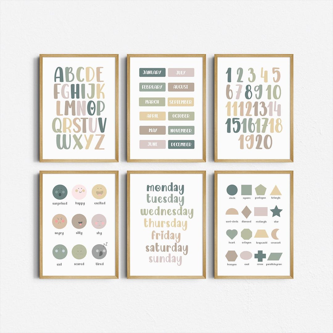 Boho Educational Posters for Kids: Alphabet, Numbers, Shapes (digital ...