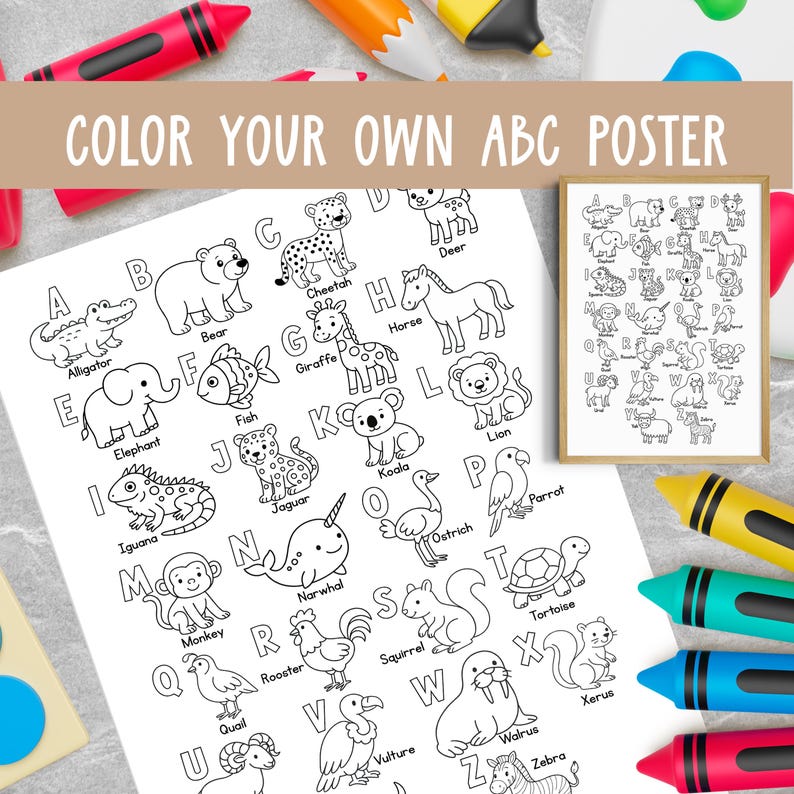 A to Z Animal Coloring Poster – Alphabet Animals to Color – Educational ...