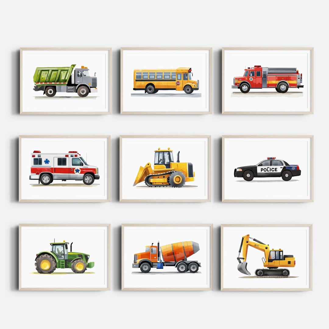 Set of 9 Vehicle Prints, Transportation Print Nursery, Construction ...