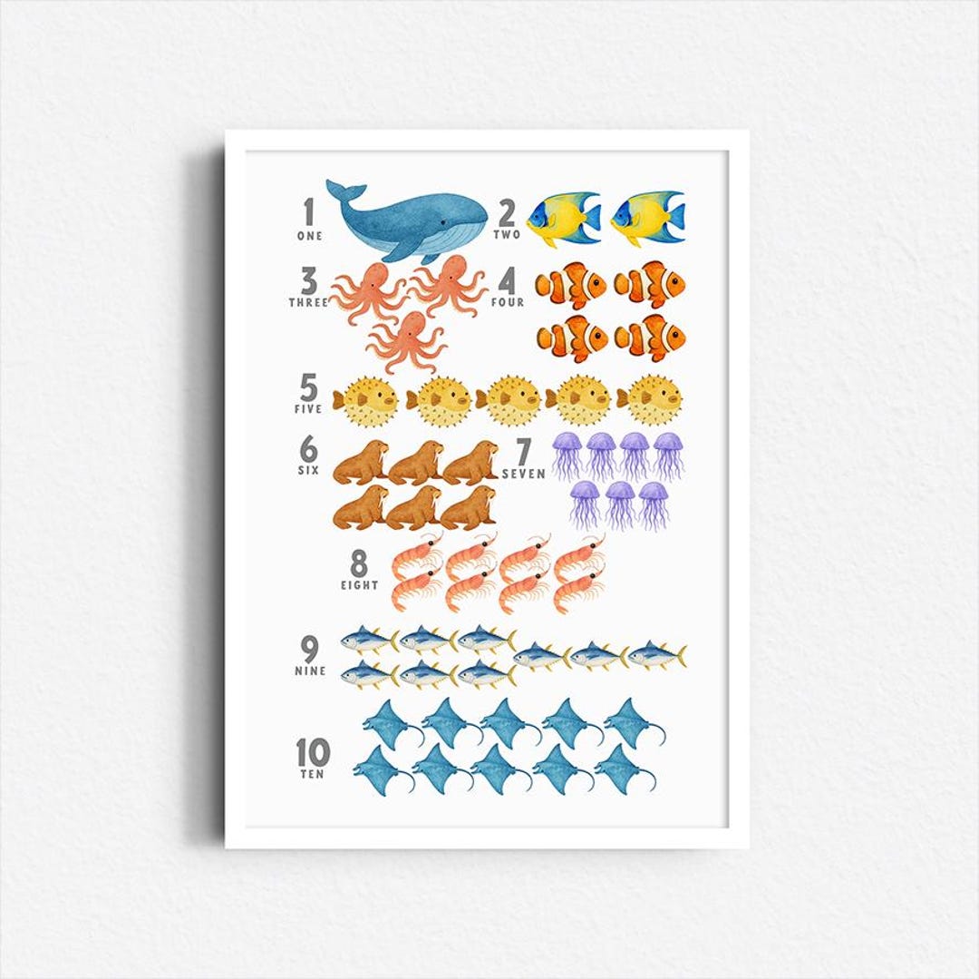 Sea Animal Numbers Poster, 1 to 10 Ocean Counting Print, Underwater ...