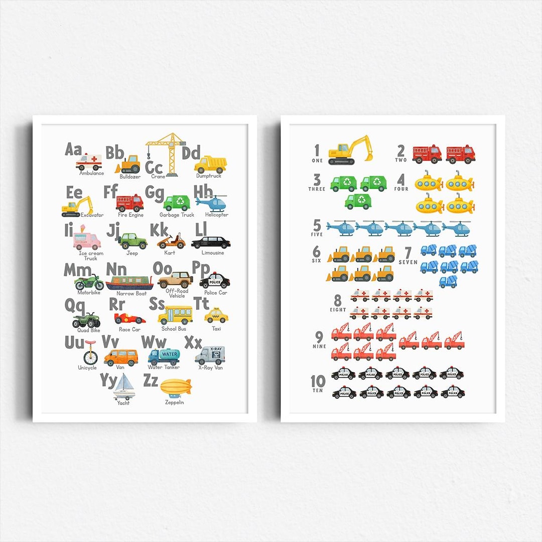 Vehicle Alphabet & Number Poster Set, ABC 123 Transportation Prints ...
