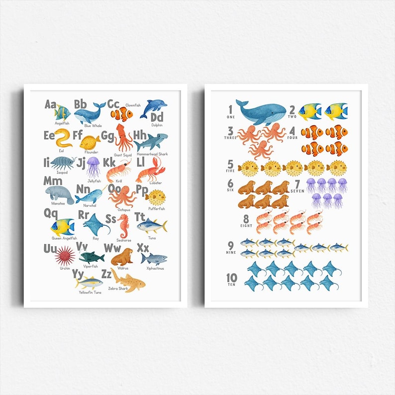 Ocean ABC 123 Poster Set: Sea Animal Nursery Decor (digital Download ...