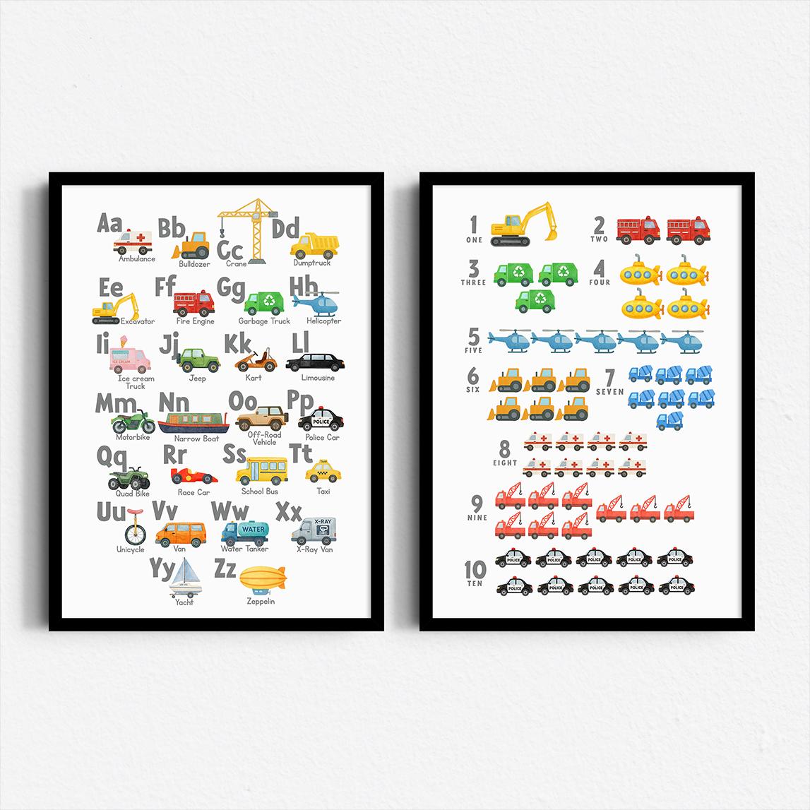 Vehicle Alphabet & Number Poster Set, ABC 123 Transportation Prints ...