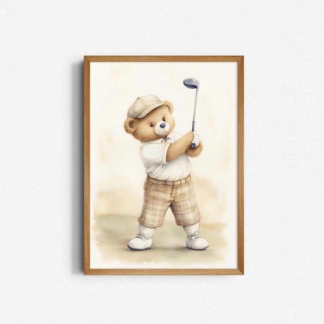 Teddy Bear Playing Golf Art Print Nursery | Teddy Bear Art Kids Room ...