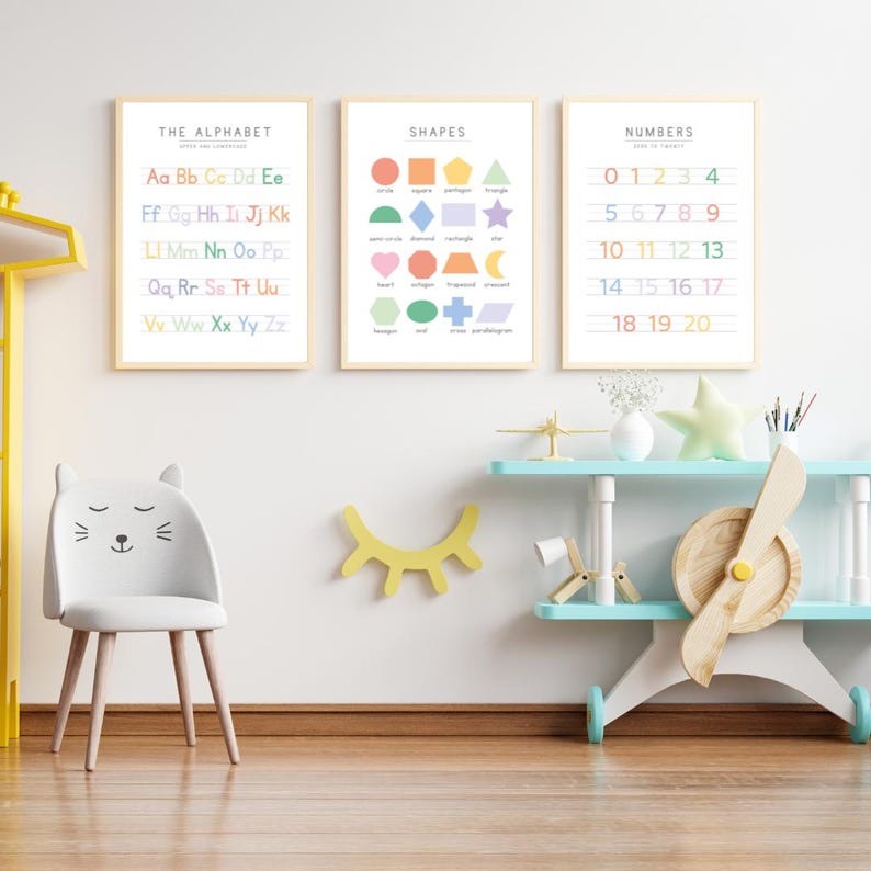 Pastel Alphabet, Numbers, Shapes Print Set: Educational Wall Art ...