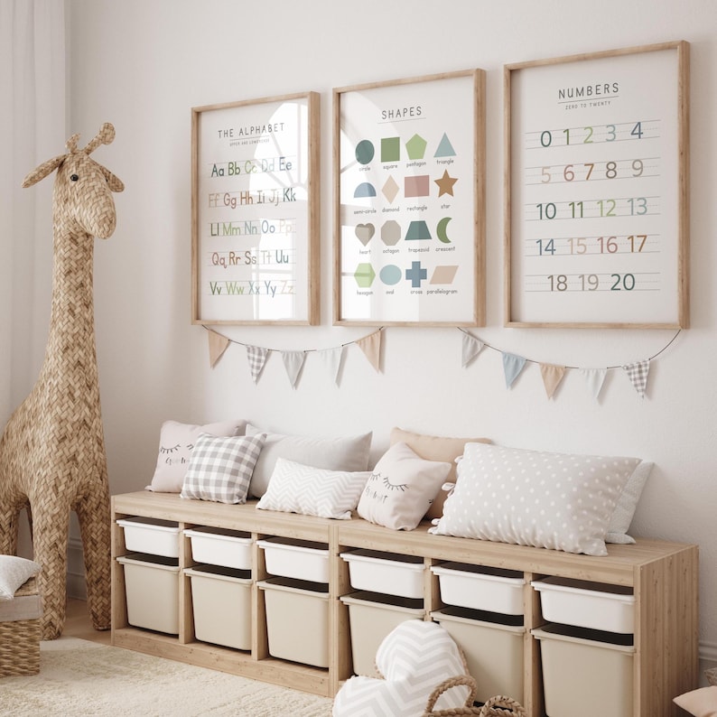 Alphabet Numbers and Shapes Print Set | Educational Wall Art for Kids ...