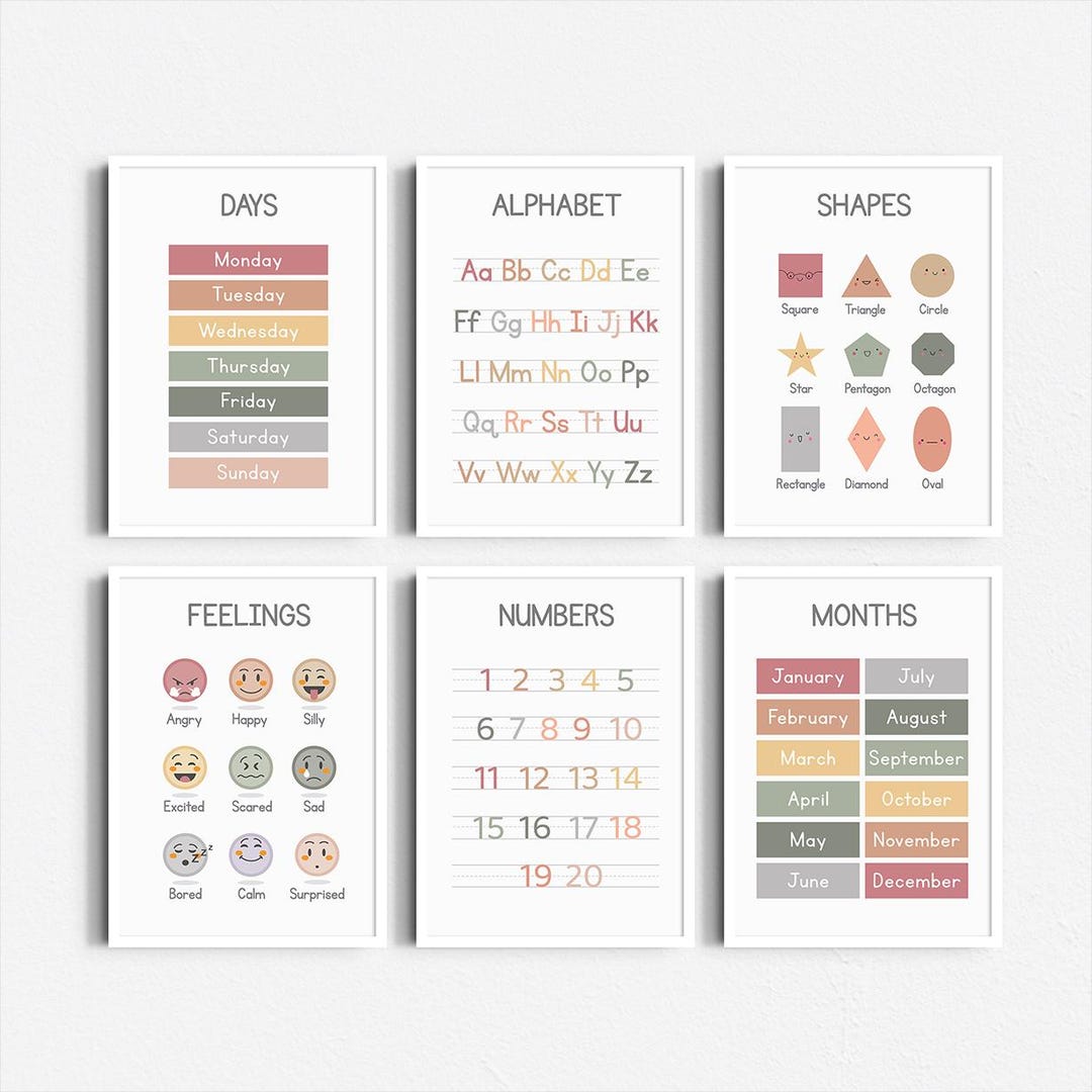 Educational Posters Set: Alphabet, Numbers, Feelings, Shapes (digital ...