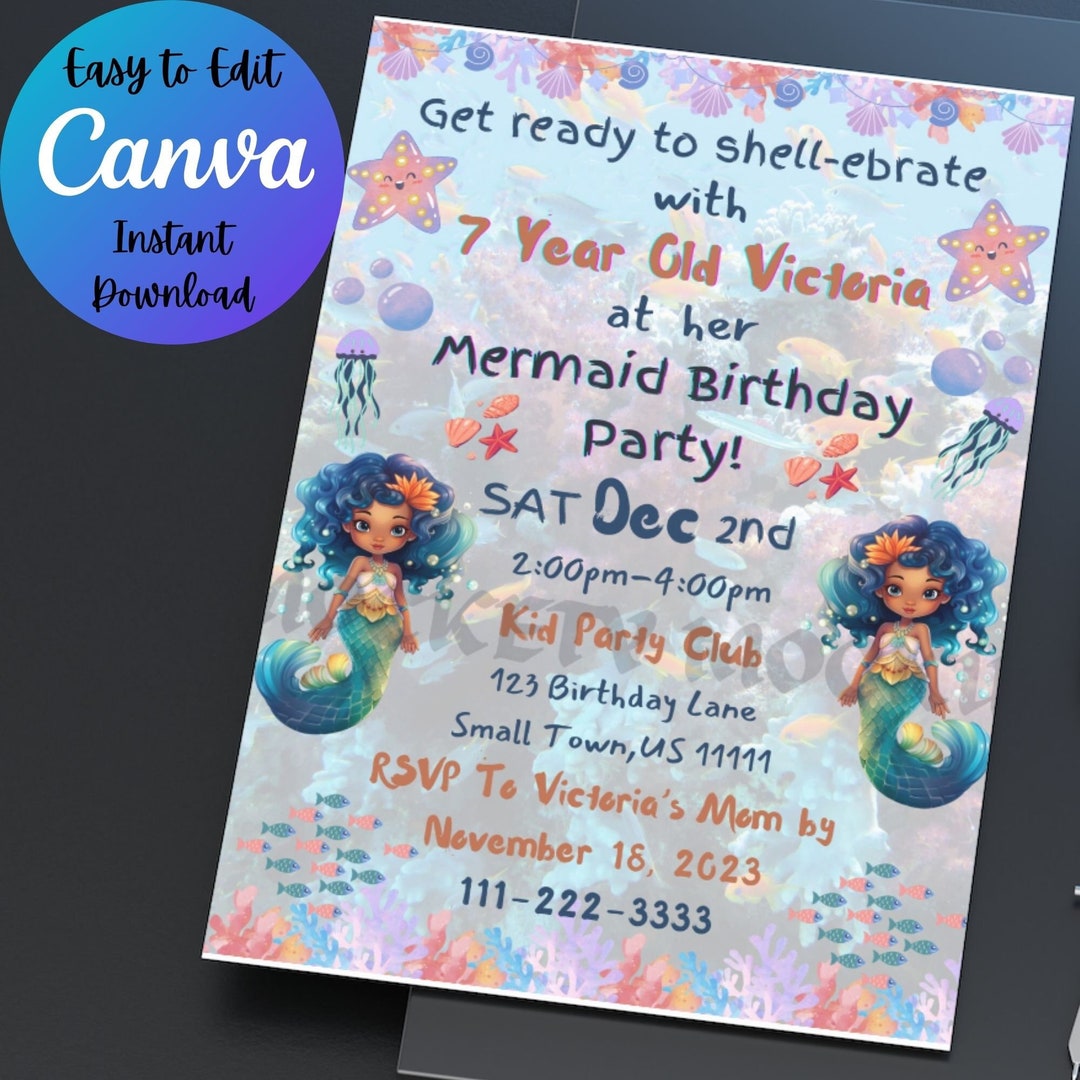 Editable Mermaid Birthday Invitation Canva Template With Directions ...