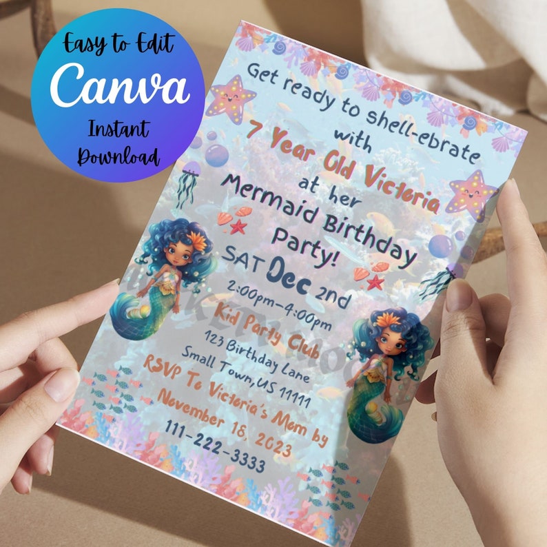 Editable Mermaid Birthday Invitation Canva Template With Directions ...
