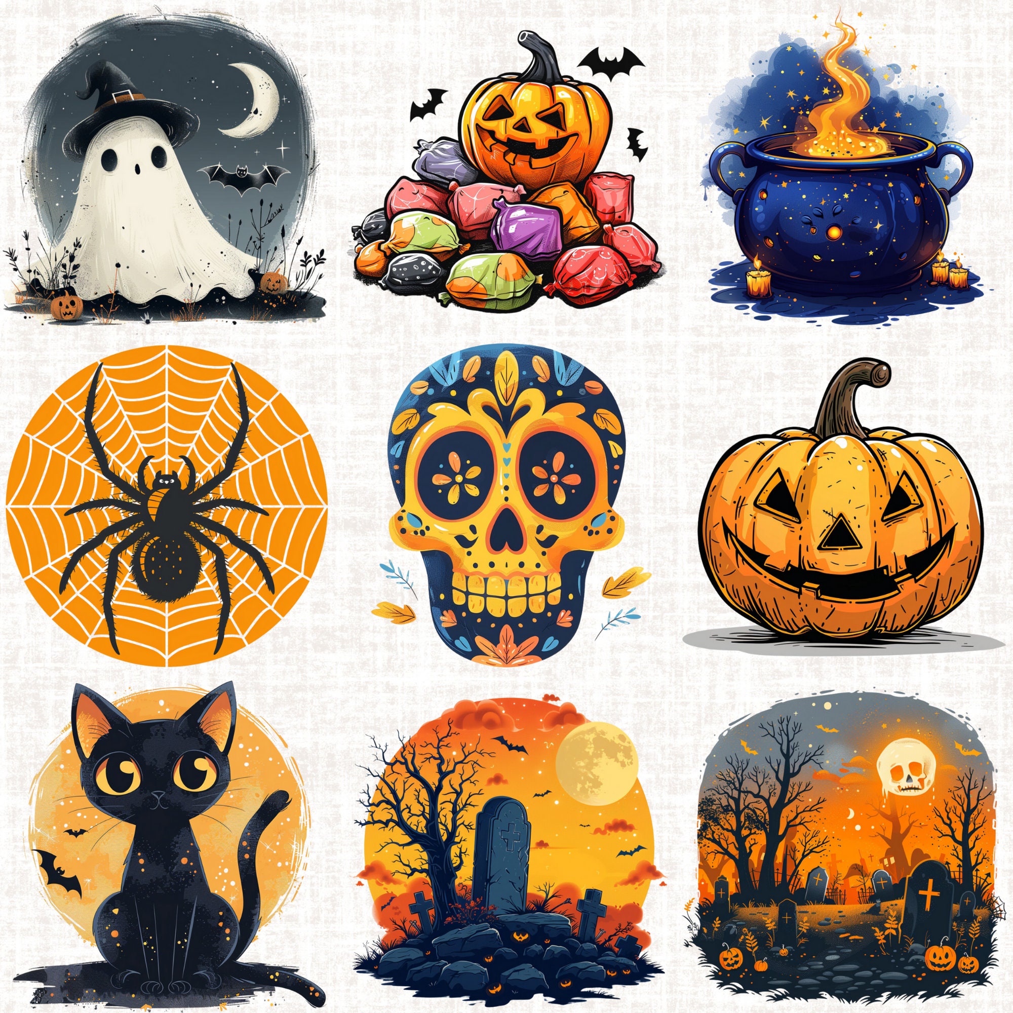 Quirky Halloween Clip Art Ghost Witch Pumpkin Skull Spider PNG Bundle ...