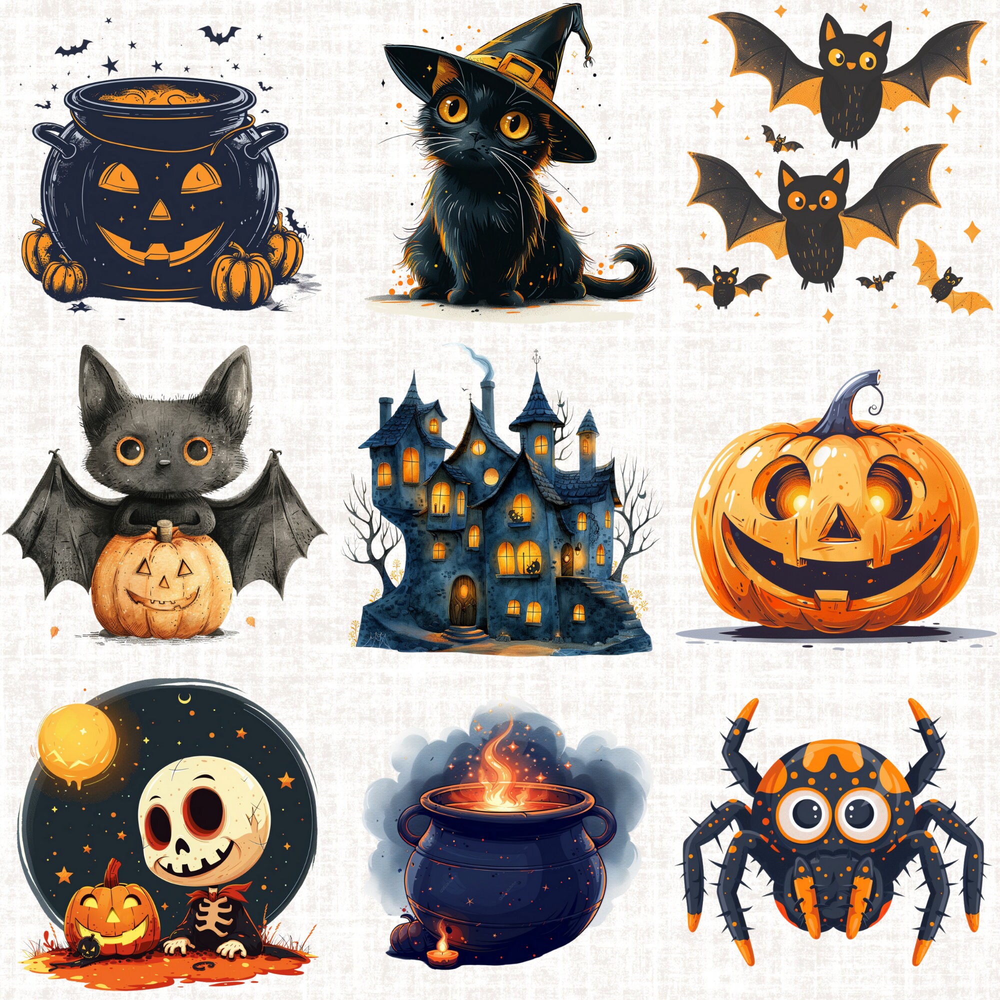 Quirky Halloween Clip Art Ghost Witch Pumpkin Skull Spider PNG Bundle ...