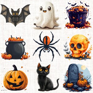 Quirky Halloween Clip Art Ghost Witch Pumpkin Skull Spider PNG Bundle ...