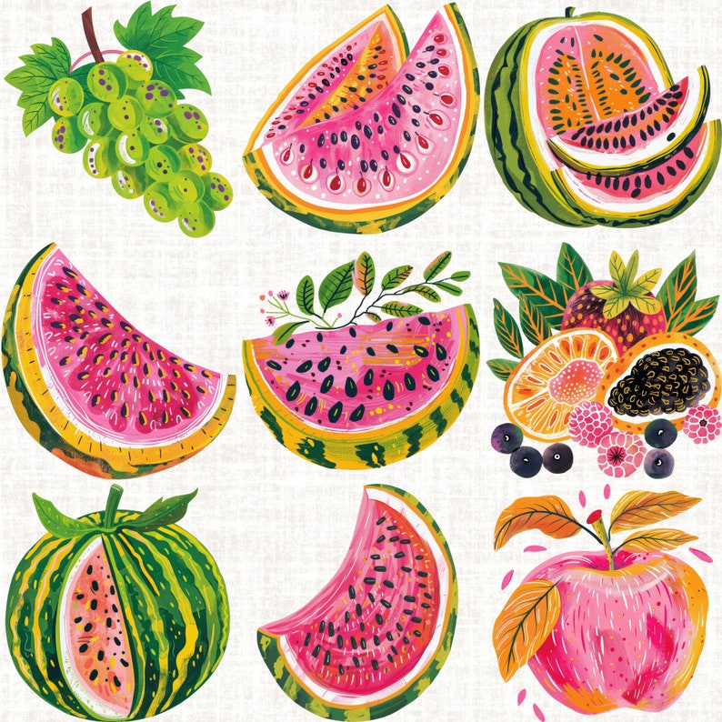 Whimsical Fruit Clip Art Kiwi Apple Watermelon Peach PNG Bundle Digital ...