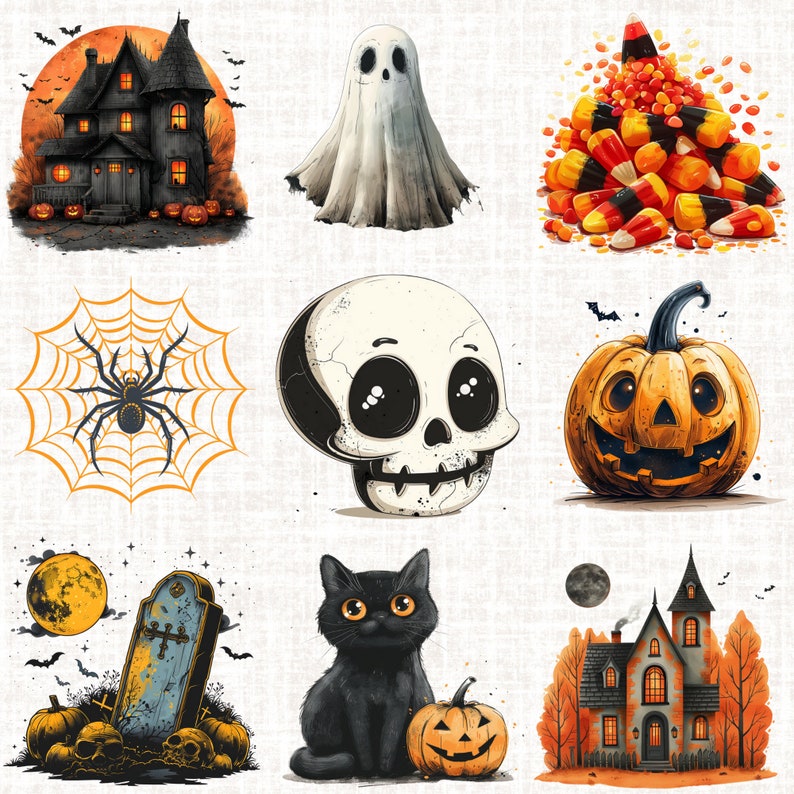 Quirky Halloween Clip Art Ghost Witch Pumpkin Skull Spider PNG Bundle ...