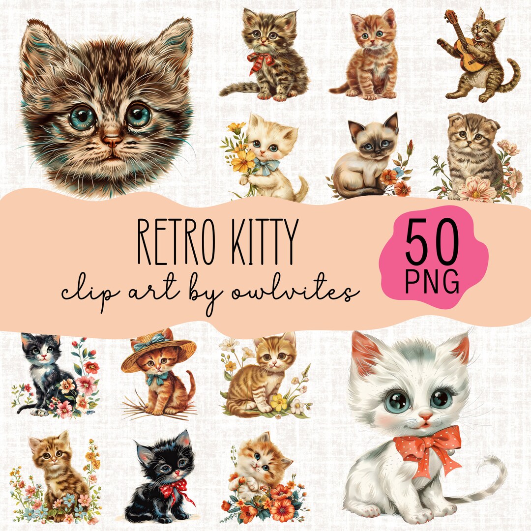 Retro Vintage Kitty Clip Art Cat Kitten Mid-century Nostalgic PNG ...
