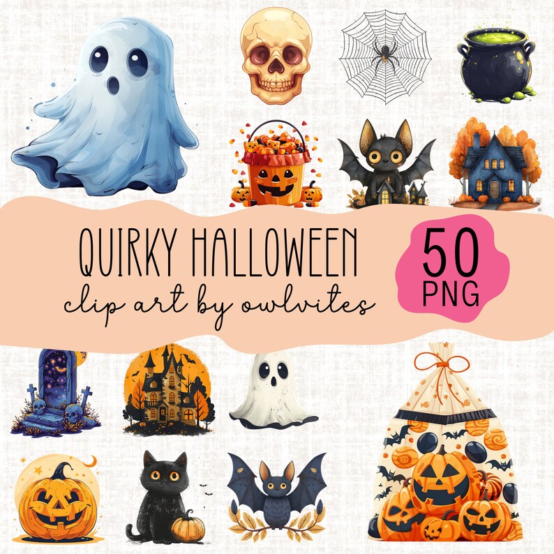 Quirky Halloween Clip Art Ghost Witch Pumpkin Skull Spider PNG Bundle ...