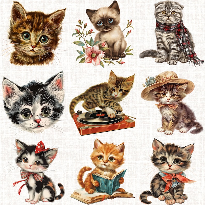 Retro Vintage Kitty Clip Art Cat Kitten Mid-century Nostalgic PNG ...