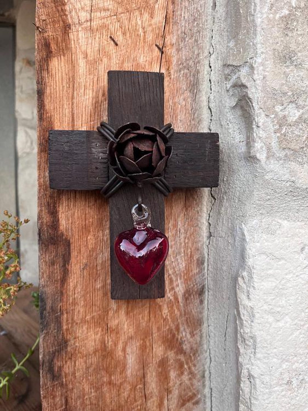 Hearted Tequila Barrel Cross With Rose Detail. Glass Heart Hangs From ...