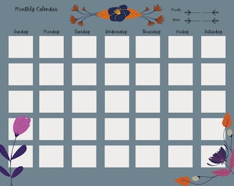 Floral Monthly Calendar, Blank Calendar, Printable, Agenda, Calendar ...