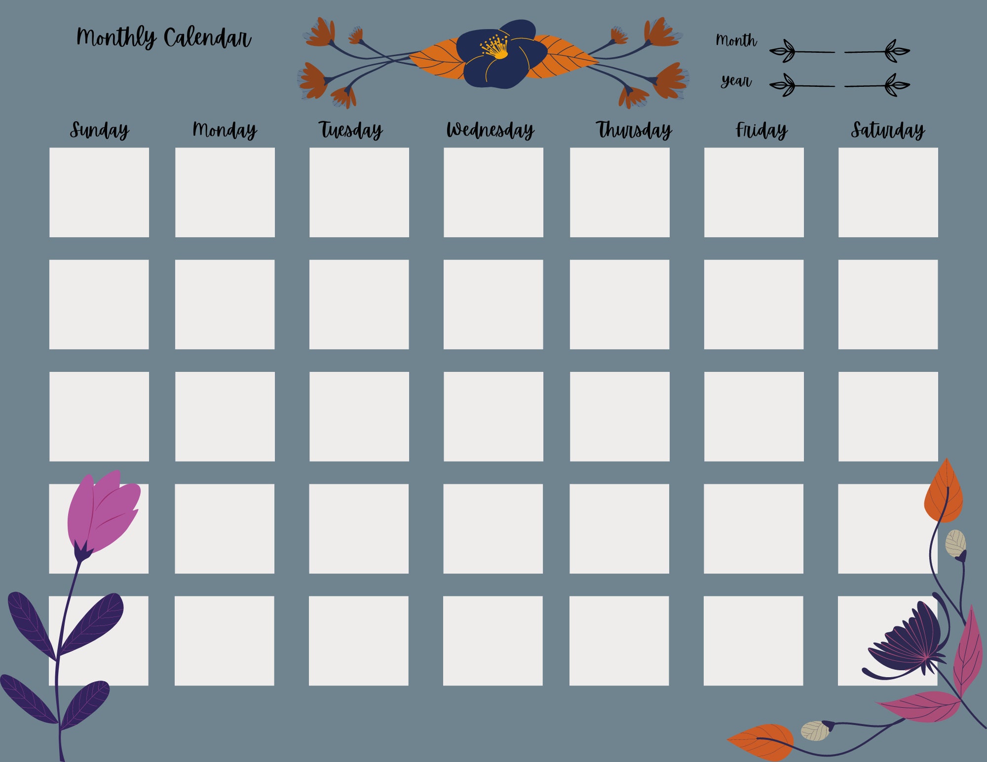 Monthly Calendar Printable - Etsy