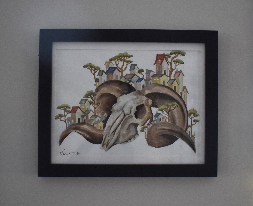 Surrealist Ram Skull Watercolor Painting: Folk Art Illustration, Framed ...