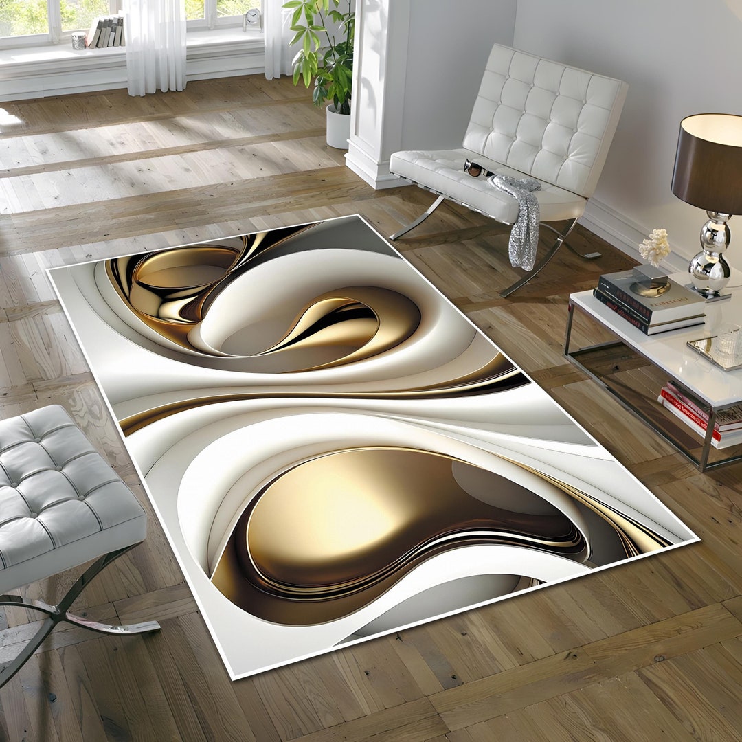 Gold Marble Patterned Rug, Living Room Carpet, Modern Kitchen Area Mat ...