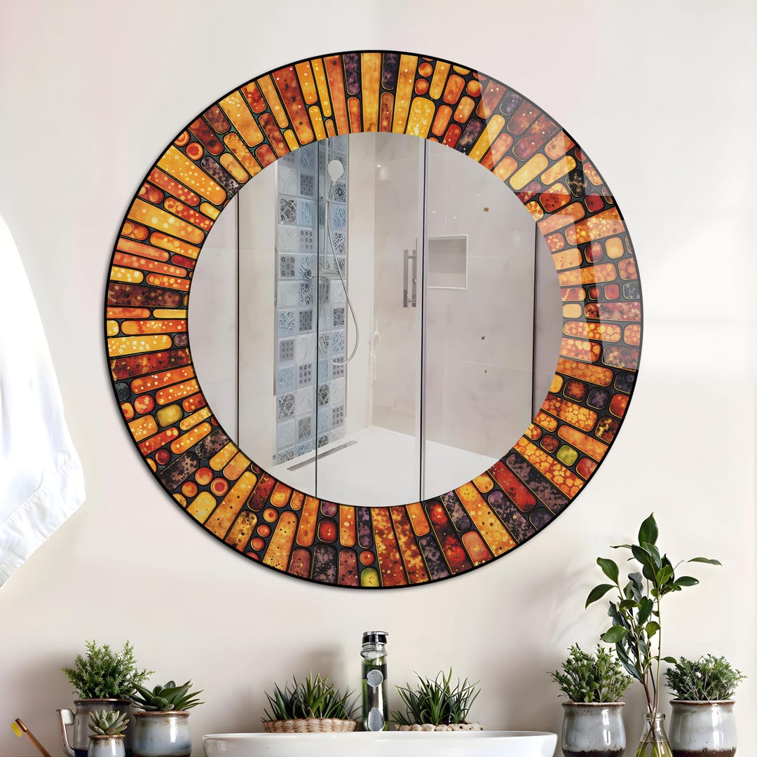Espelho redondo com aparência de vitral, arte abstrata vibrante ...
