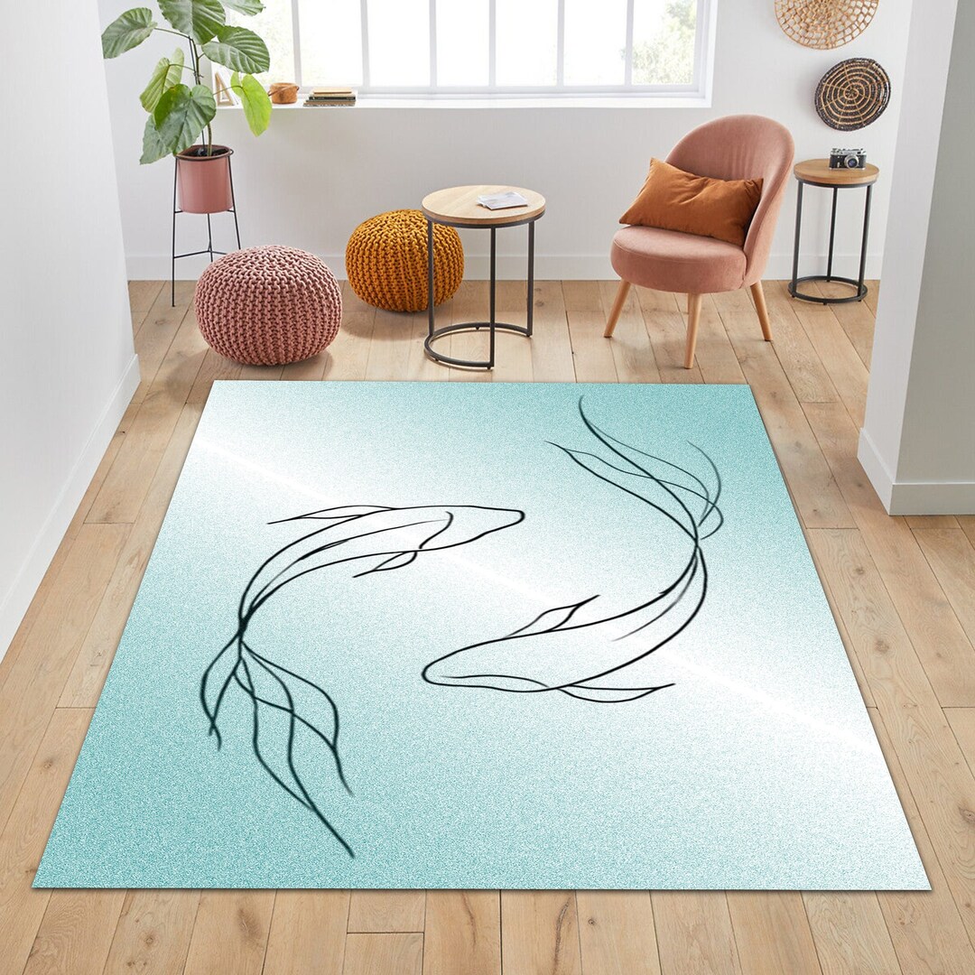 Art Deco Rug, Koi Fish Rug, Line Art Rug, Teal Blue Rug, Design Rug ...