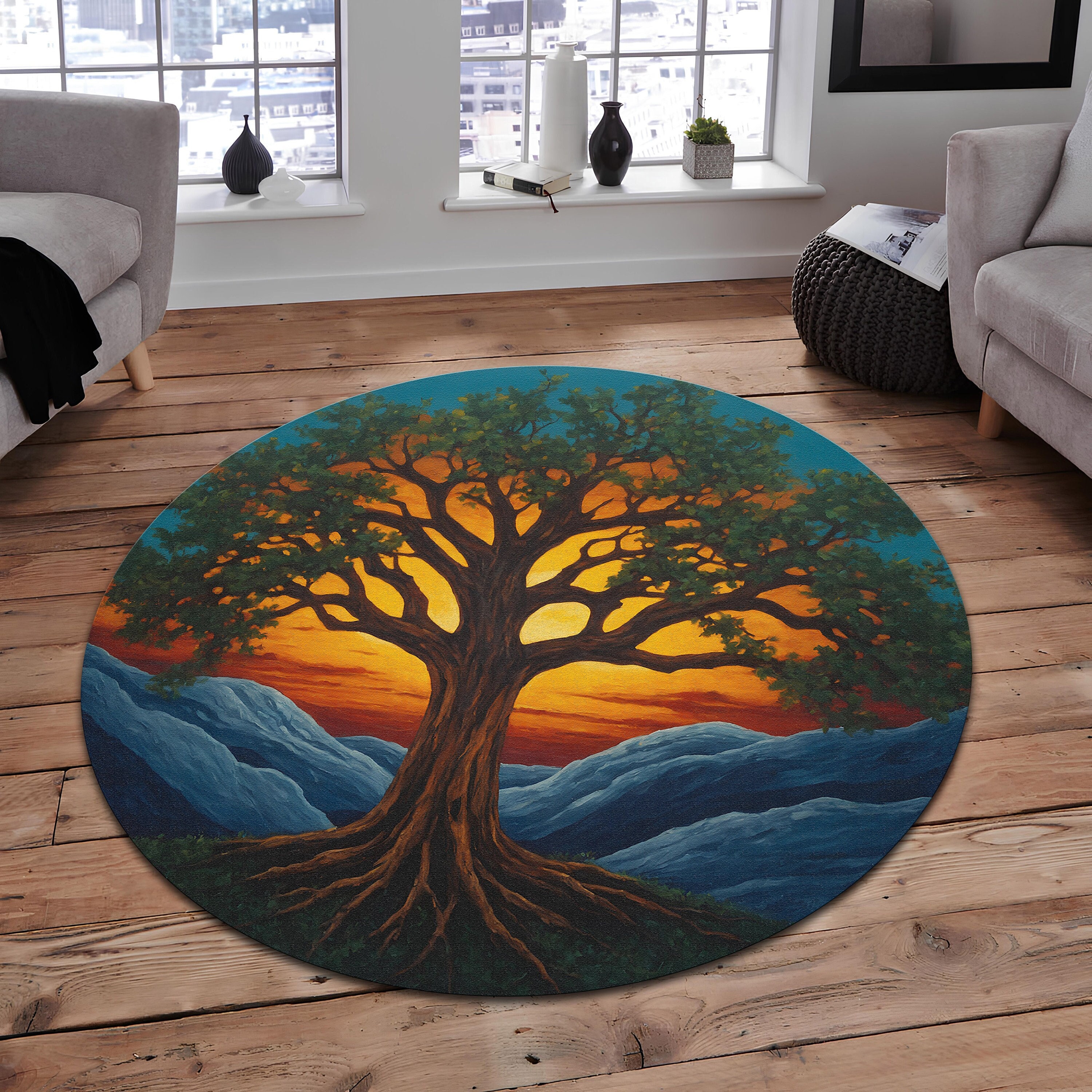 Enchanted Tree of Life Stained Glass Chenille Rug, Harmonious Nature ...
