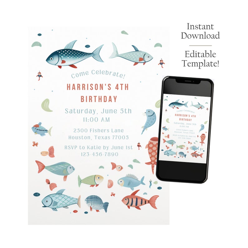 Editable Fish Theme Birthday Invitation Boys Birthday Invite Instant ...
