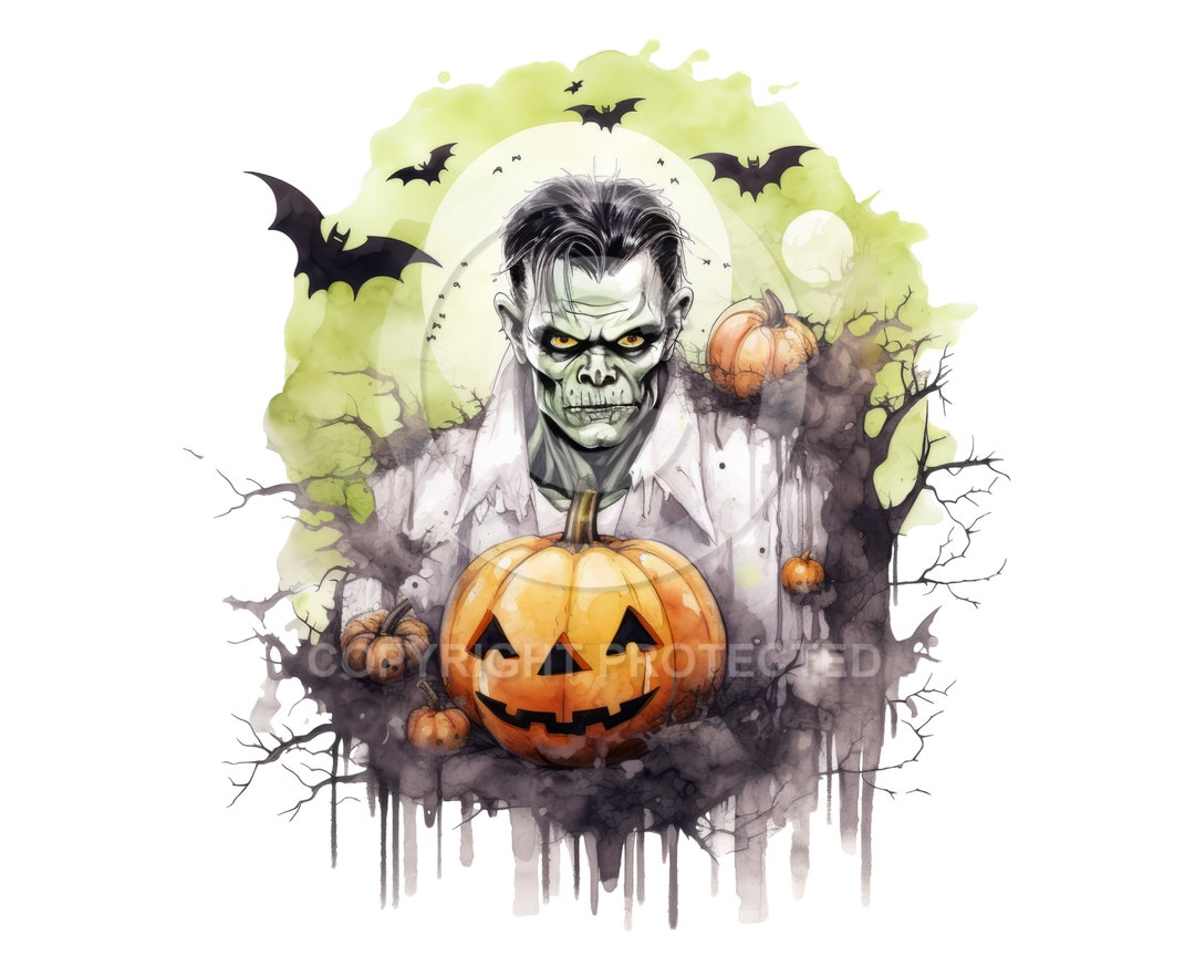 Halloween PNG, Frankenstein PNG, Watercolor Art, Watercolor Clipart ...