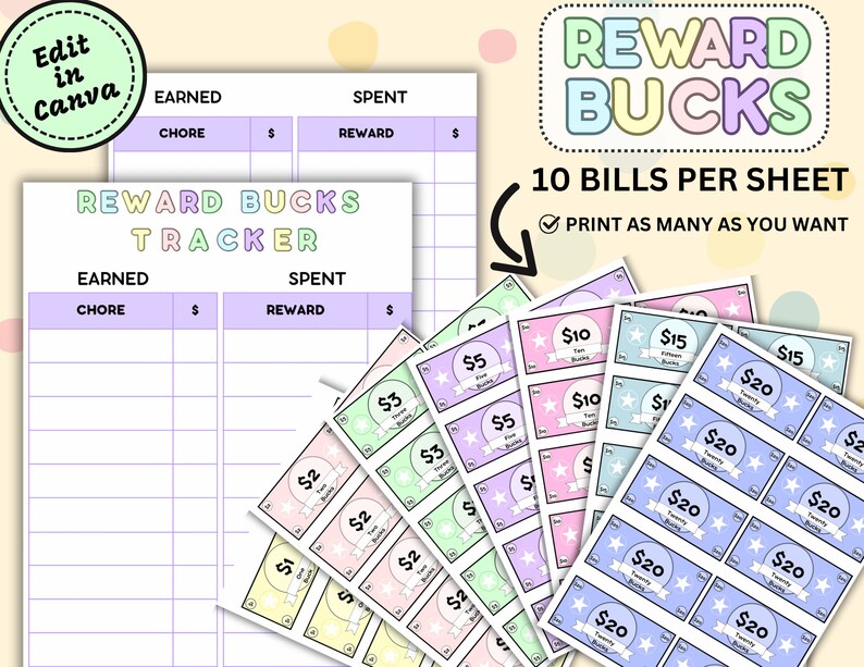 Kids Reward Bucks Printable Template Chore Tracker, Price Sheet, and ...