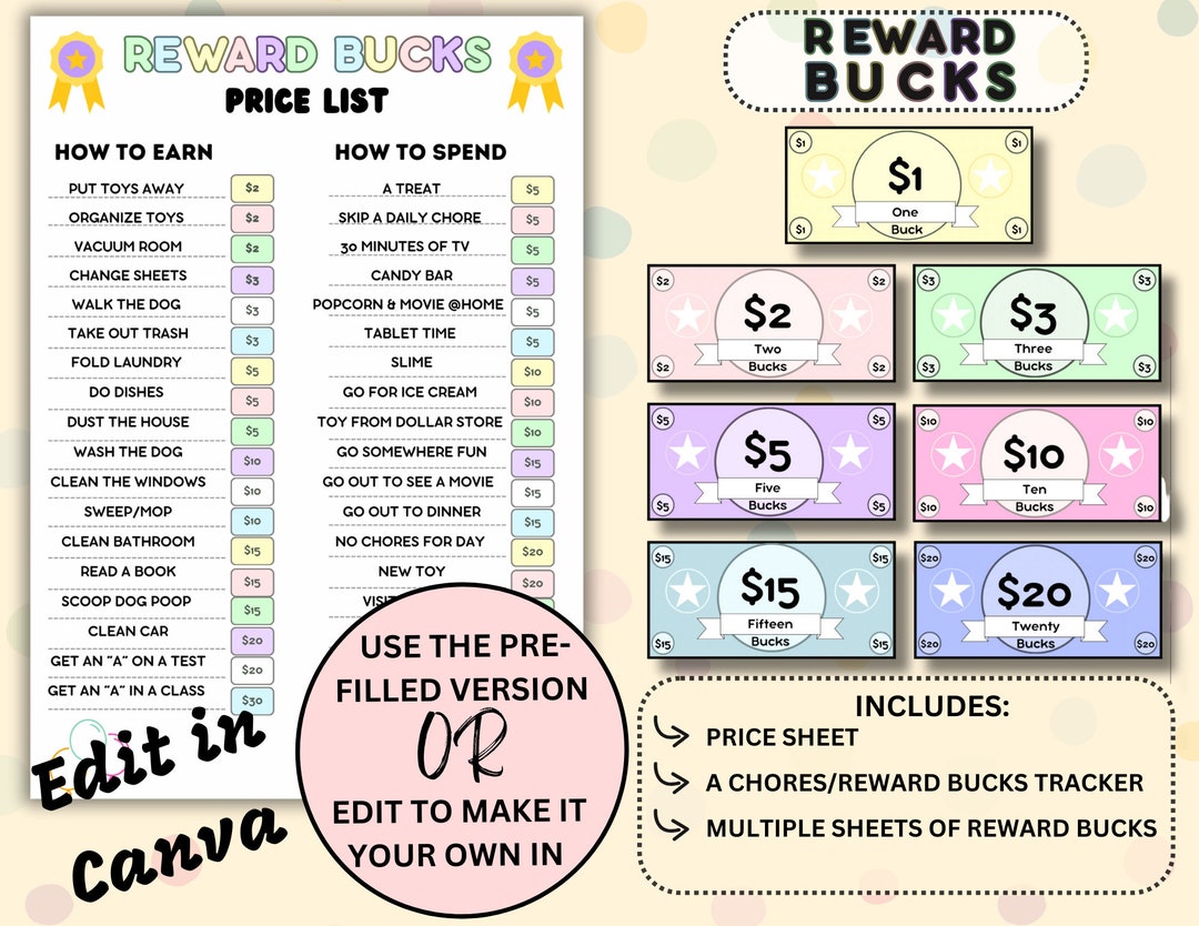 Kids Reward Bucks Printable Template Chore Tracker, Price Sheet, and ...