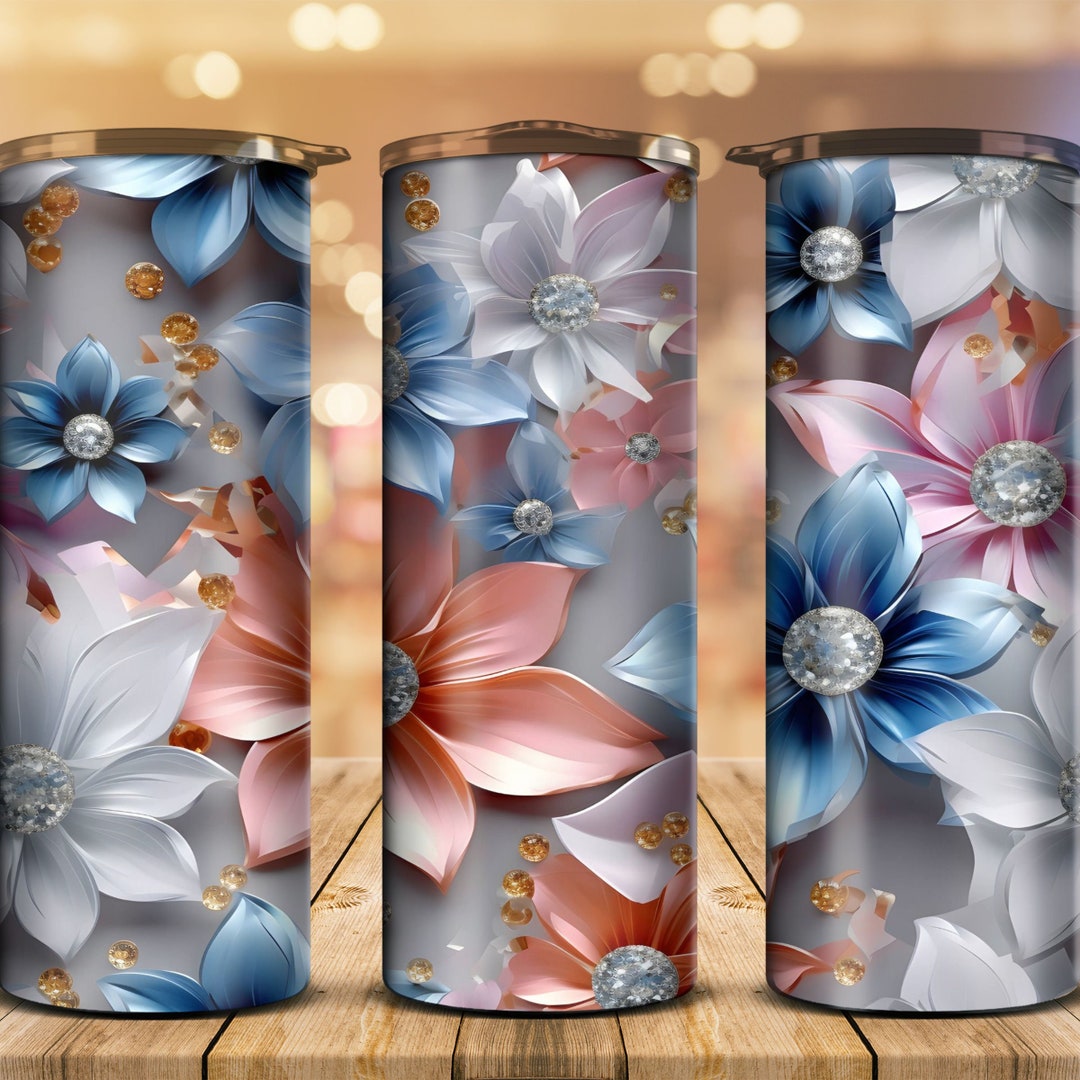 3D Colorful Flowers With Jewels Printable 20 Oz Skinny - Etsy