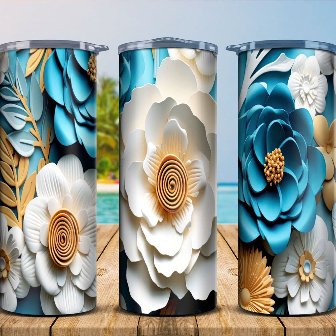 3D Blue and White Flowers Printable 20 Oz Skinny Sublimation - Etsy
