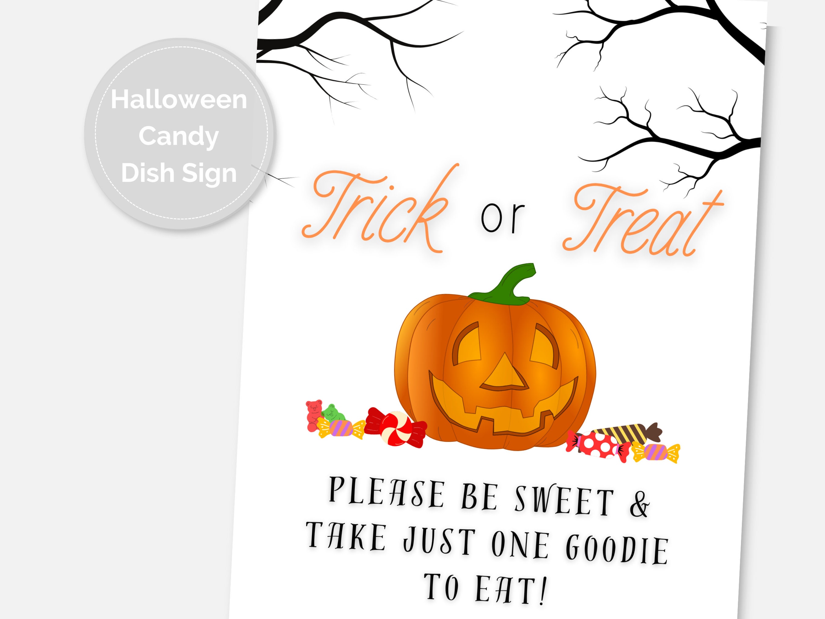 Trick or Treat Candy Bowl Printable Sign | Halloween Sign - Etsy