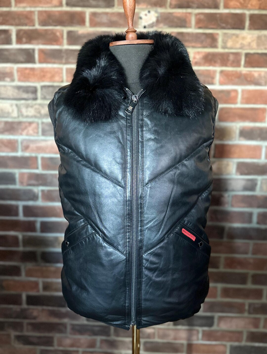 Original Goose Country Black Handmade Lambskin Leather Down Vest With ...