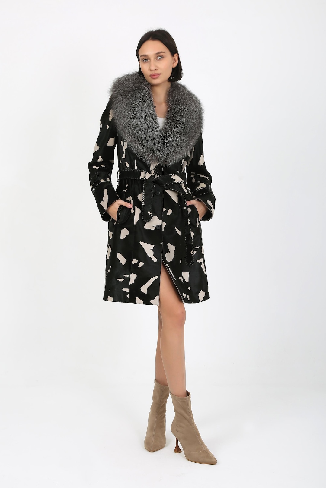 Handmade Calf Hair Jacket: Genuine Fox Fur Collar, Cow Hide Winter Coat ...