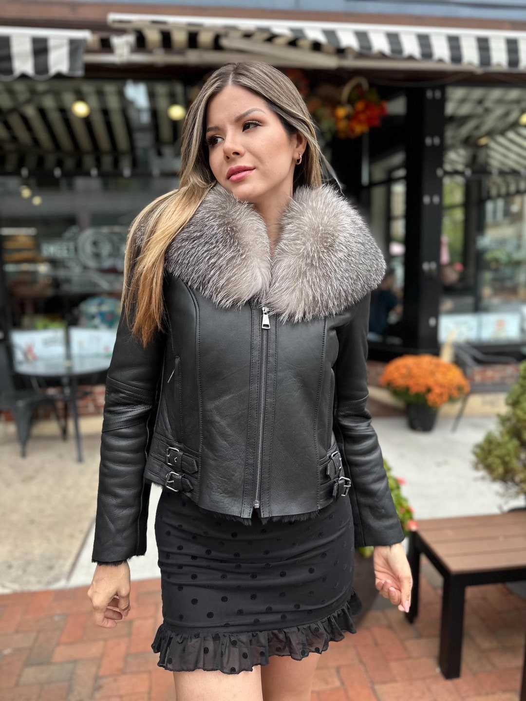 Handmade Black Shearling Coat: Women's Silver Fox Trim Winter Jacket - Etsy