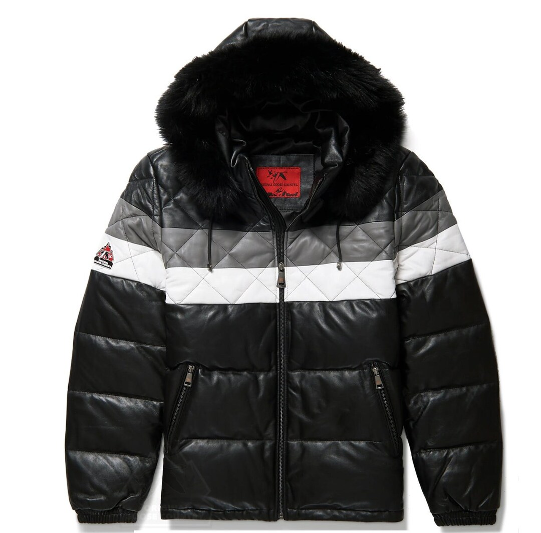 Men's Lamb Skin Leather & Goose Down Jacket With Hood With Real Fox Fur ...