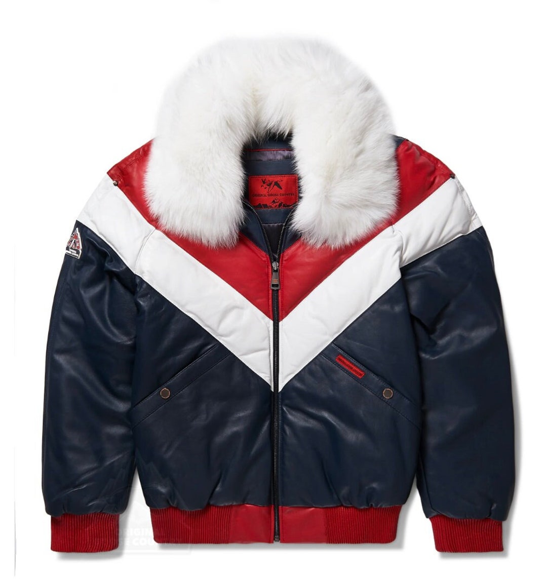 Men's V-bomber Lamb Skin Leather & Goose Down Jacket With Real Full ...
