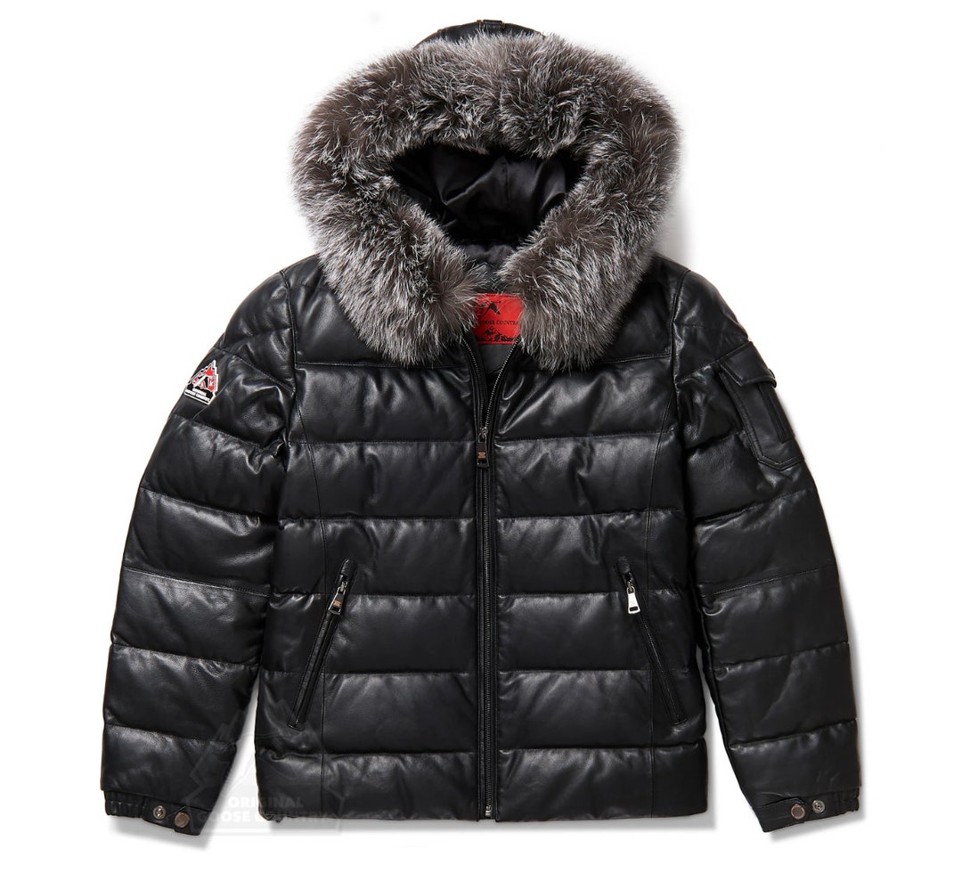 Men's Black Bubble Lamb Skin Leather & Goose Down Jacket With Real Full ...