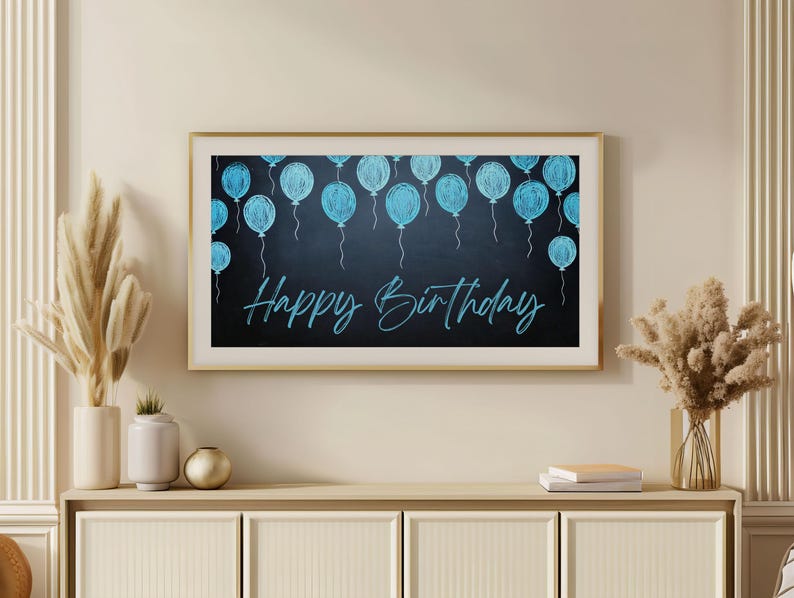 Happy Birthday Frame TV Modern Blue Balloon Chalkboard TV Art for Kids ...