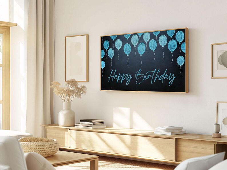 Happy Birthday Frame TV Modern Blue Balloon Chalkboard TV Art for Kids ...