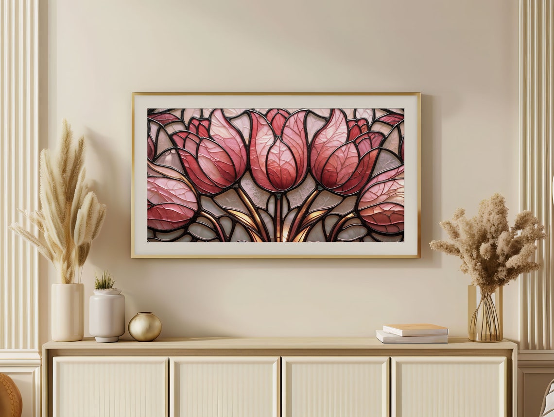 Floral Frame TV Art Modern Stained Glass Tulips, Samsung Frame TV ...