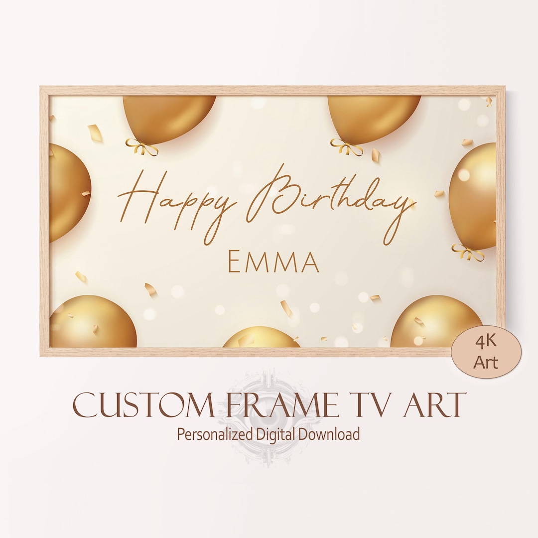 Frame TV Birthday Card Custom Background, Gold Happy Birthday Banner ...